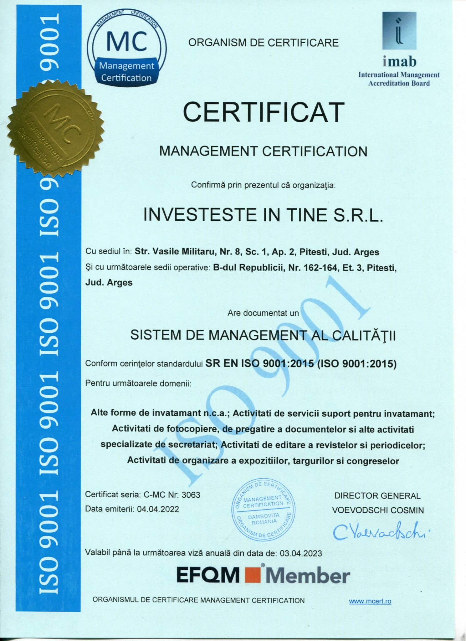 Certififcare ISO - Sistem de Management al Calității - Investește în tine